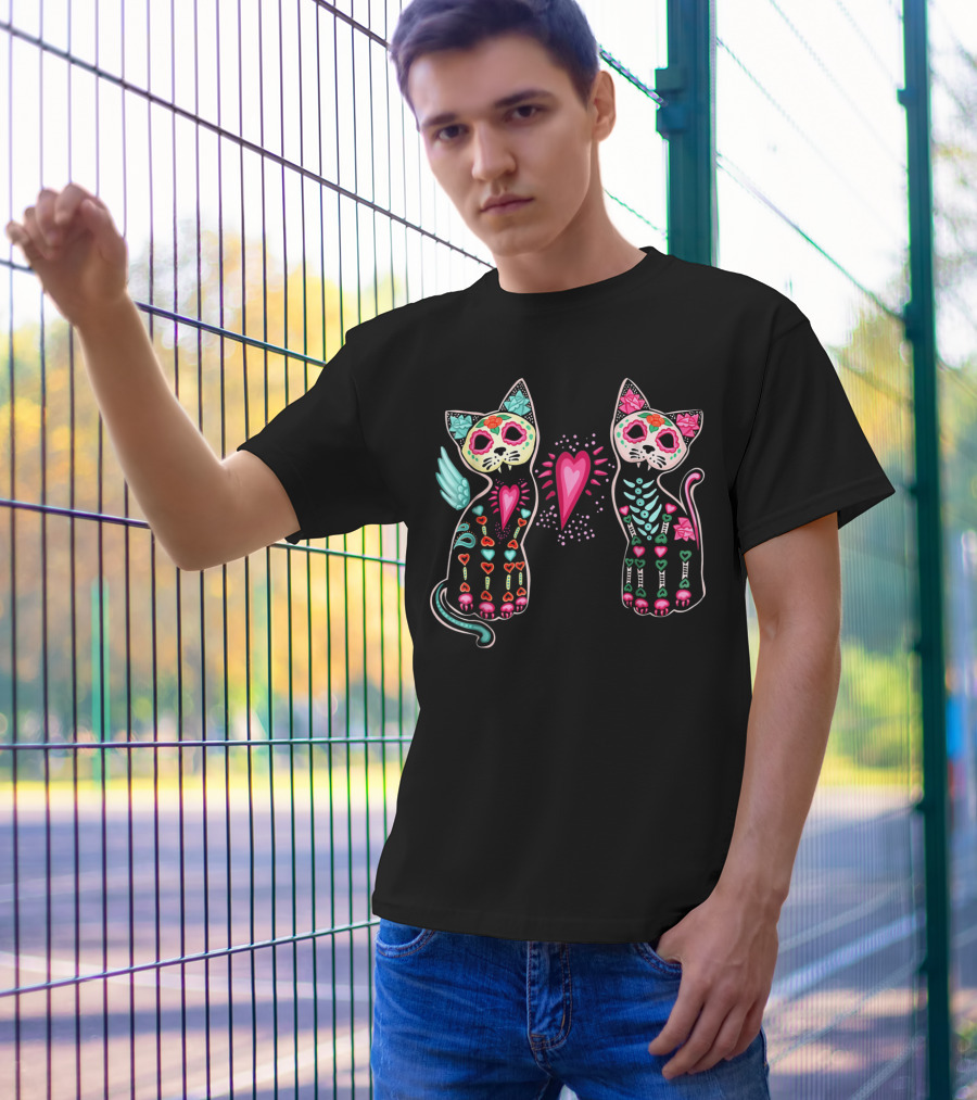 Day Of Dead Sugar Cats Skeleton Skull Winged Heart T-Shirt