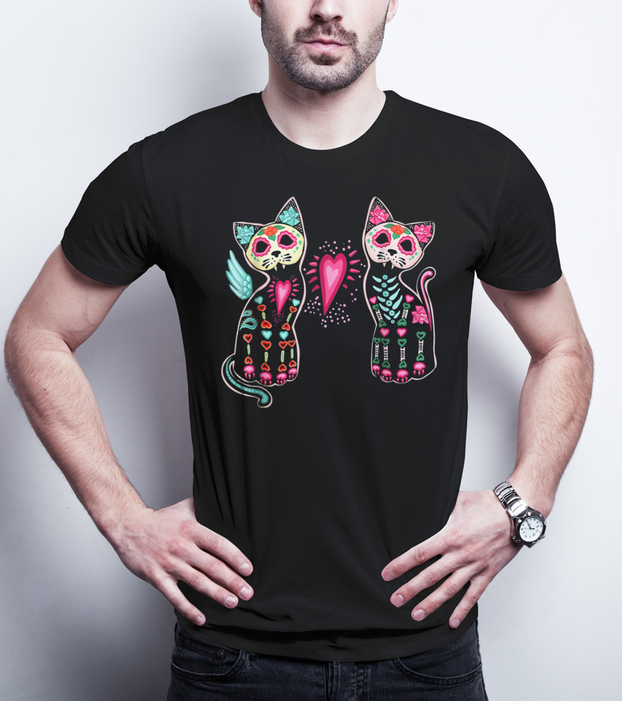 Day Of Dead Sugar Cats Skeleton Skull Winged Heart T-Shirt