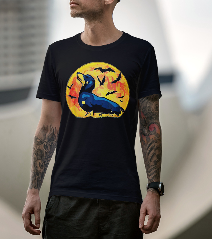 Dachshund Halloween Moon With Flying Bats T-Shirt