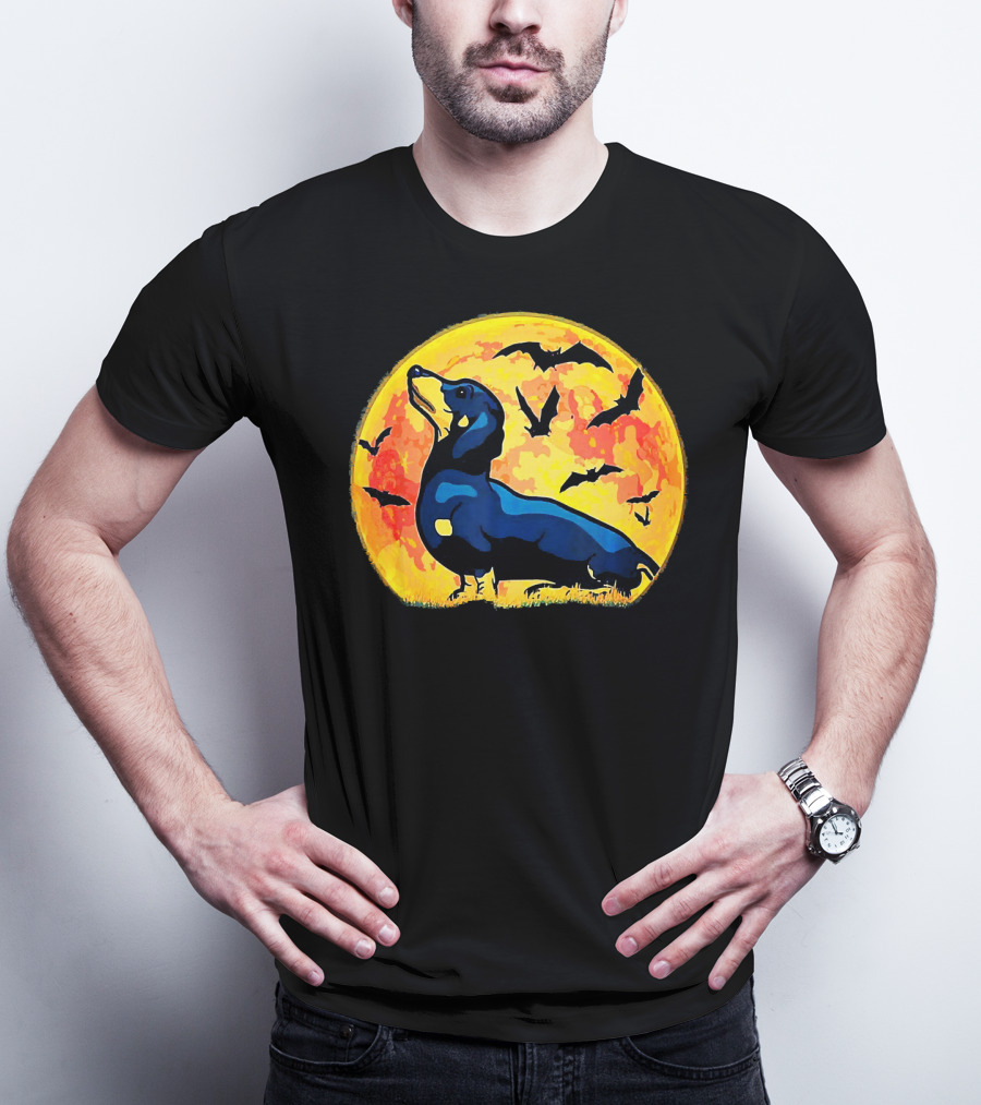 Dachshund Halloween Moon With Flying Bats T-Shirt