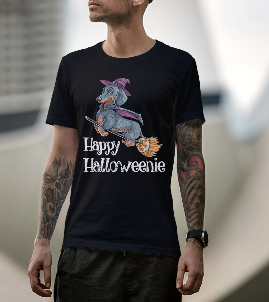 Happy Halloweenie Dachshund Witch Riding Broomstick T-Shirt