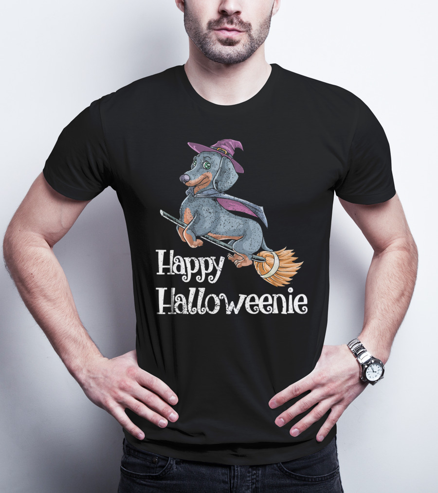 Happy Halloweenie Dachshund Witch Riding Broomstick T-Shirt