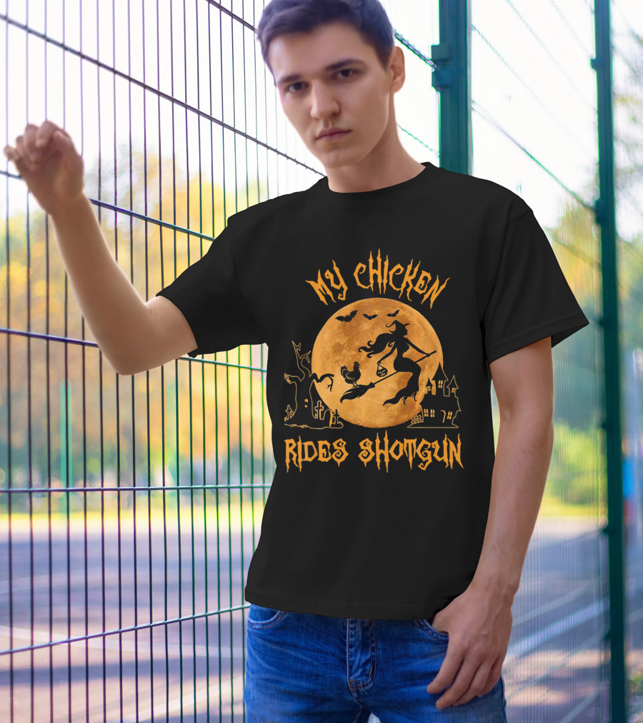My Chicken Rides Shotgun Halloween Moon Witch Chicken Bats T-Shirt
