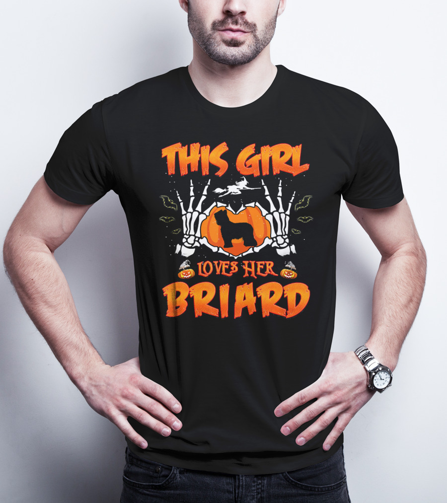 This Girl Loves Her Briard Dog Halloween Skeleton Pumpkin T-Shirt