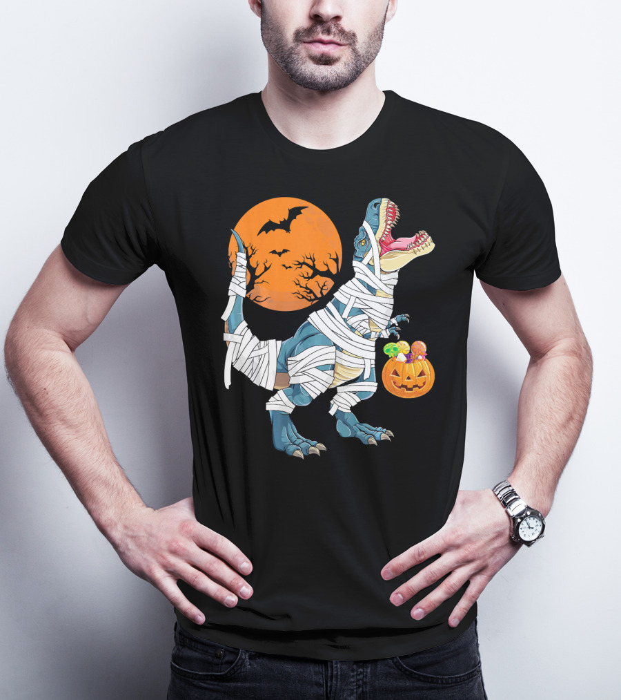 Halloween Dino Girls Kids Mummy Dinosaur Bats Pumpkin Moon T-Shirt