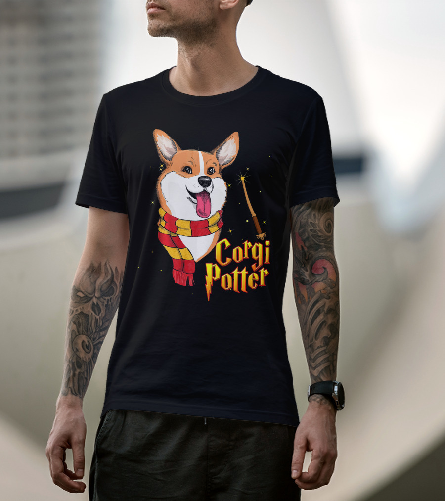Corgi Potter Cute Harry Pawter Dog With Scarf And Wand T-Shirt