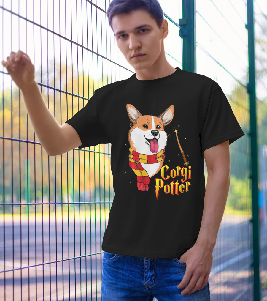 Corgi Potter Cute Harry Pawter Dog With Scarf And Wand T-Shirt