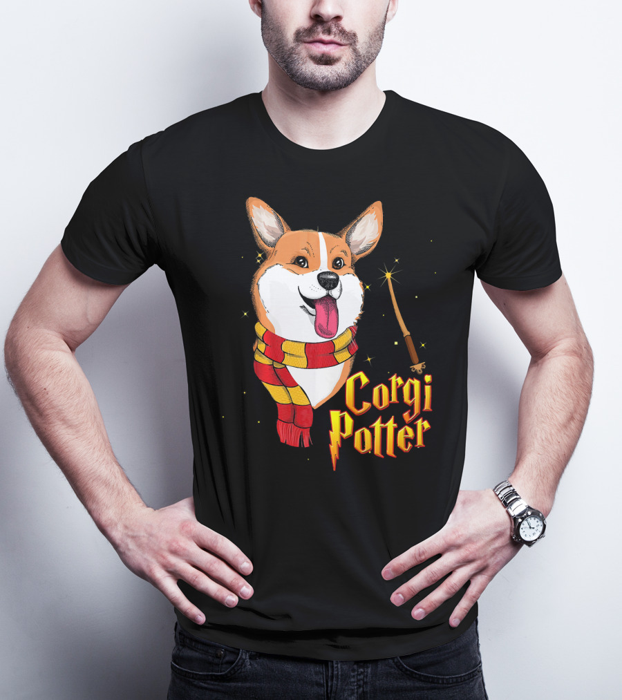 Corgi Potter Cute Harry Pawter Dog With Scarf And Wand T-Shirt