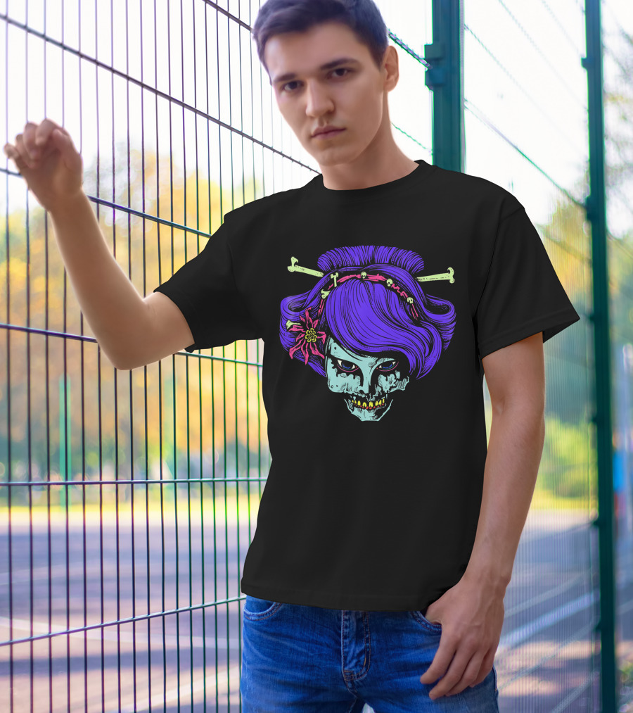 Zombie Geisha Skull With Purple Hair And Bone Hairpins T-Shirt