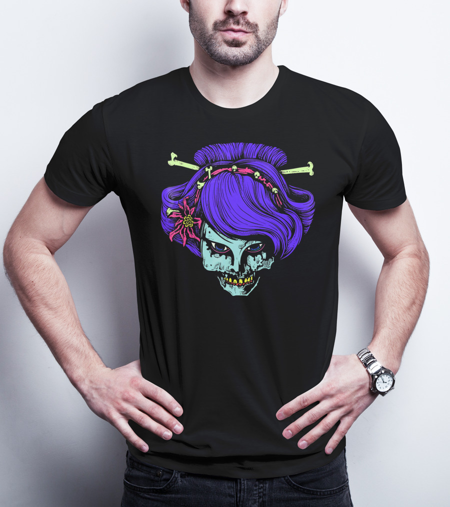 Zombie Geisha Skull With Purple Hair And Bone Hairpins T-Shirt
