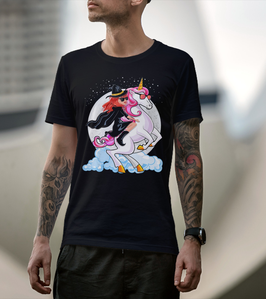 Halloween Witch Riding A Unicorn In Front Of Full Moon T-Shirt