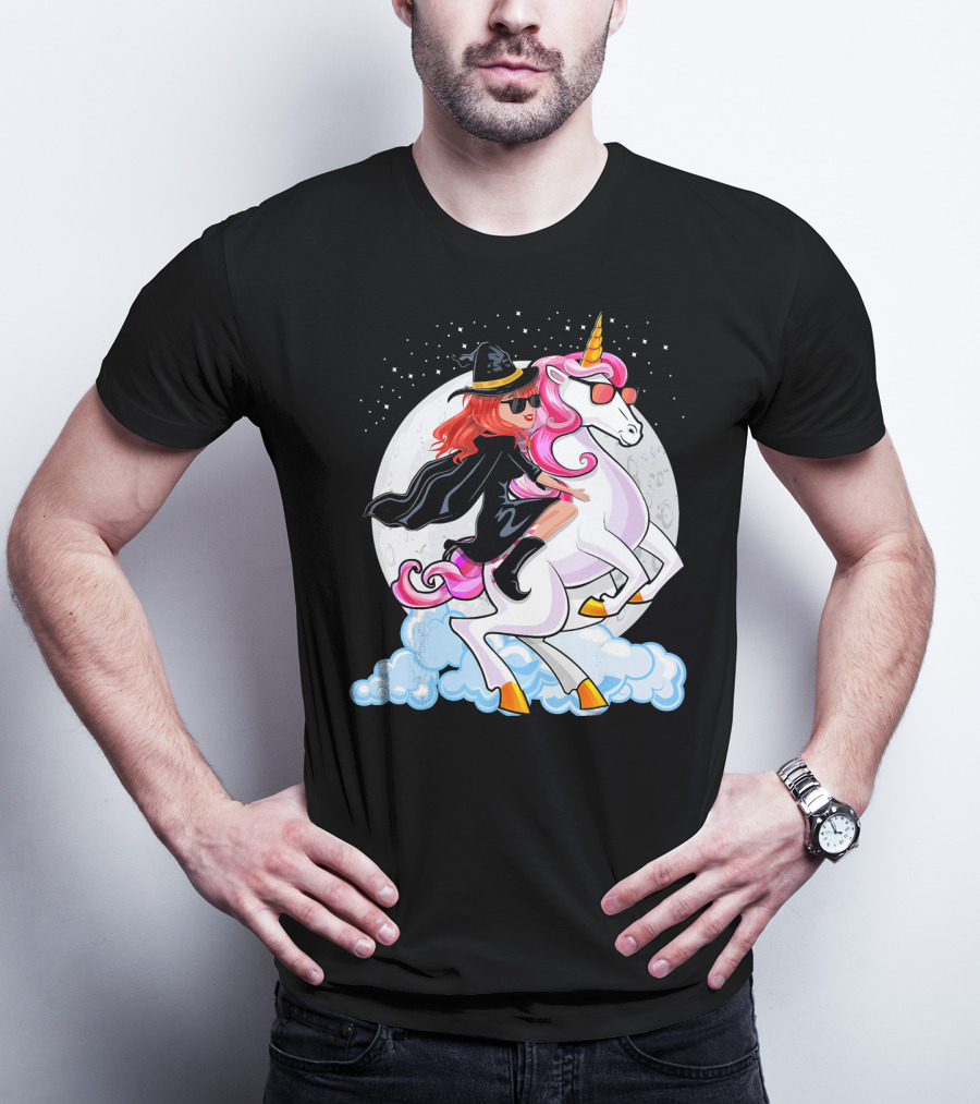 Halloween Witch Riding A Unicorn In Front Of Full Moon T-Shirt