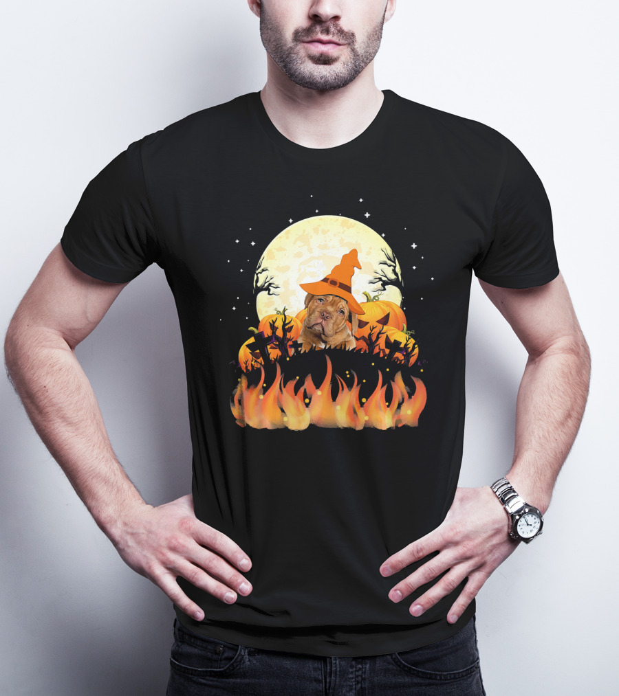 Dogue De Bordeaux Dog Lovers Halloween Full Moon Witch Hat Pumpkin Fire Scene T-Shirt