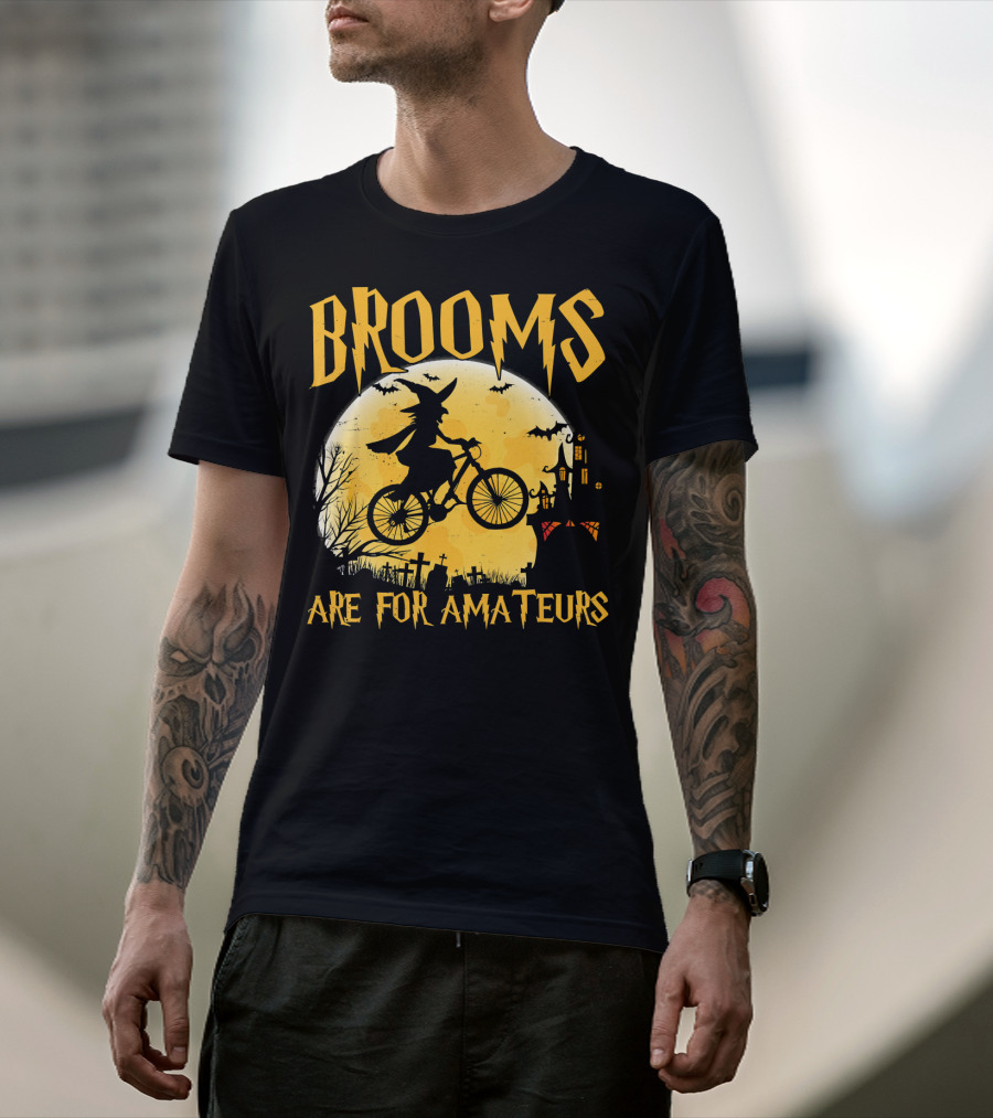 Brooms Are For Amateurs Witch Flying Bike Silhouette Halloween Moon Graveyard T-Shirt