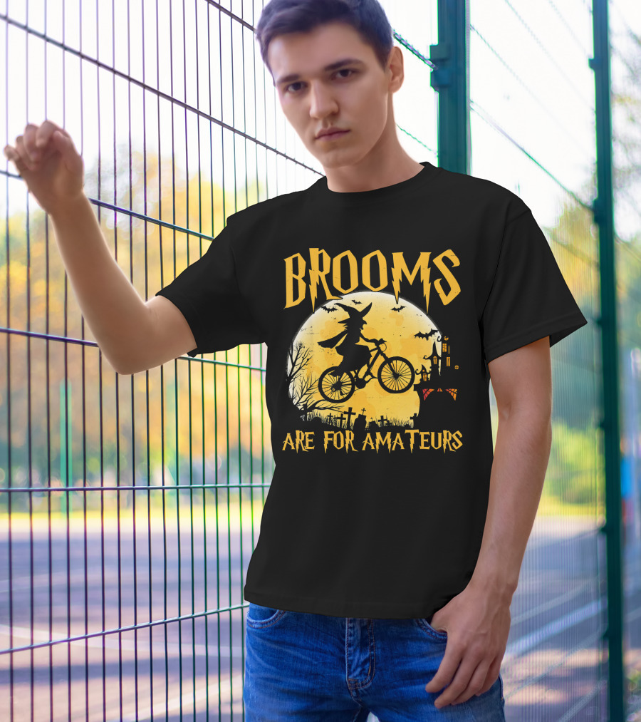 Brooms Are For Amateurs Witch Flying Bike Silhouette Halloween Moon Graveyard T-Shirt