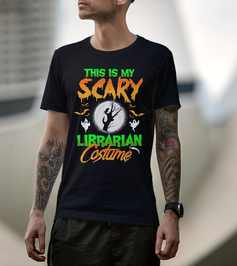 This Is My Scary Librarian Costume Ghosts Bats Moon Grim Reaper Scythe T-Shirt