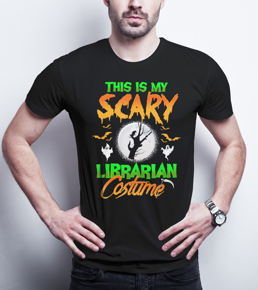 This Is My Scary Librarian Costume Ghosts Bats Moon Grim Reaper Scythe T-Shirt