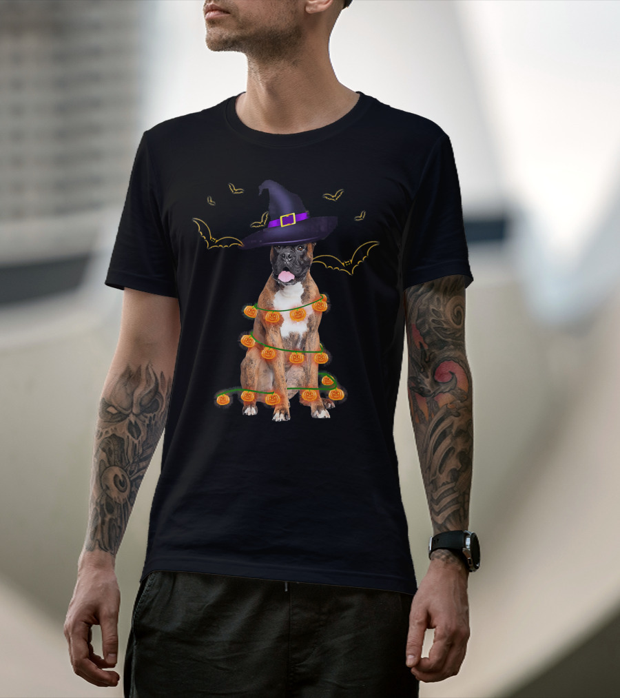 Halloween Boxer Dog Pumpkin Lights Witch Hat Fun T-Shirt