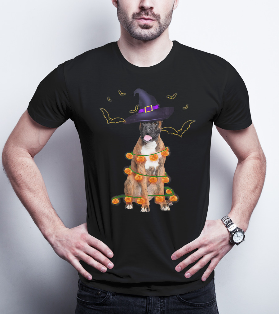 Halloween Boxer Dog Pumpkin Lights Witch Hat Fun T-Shirt
