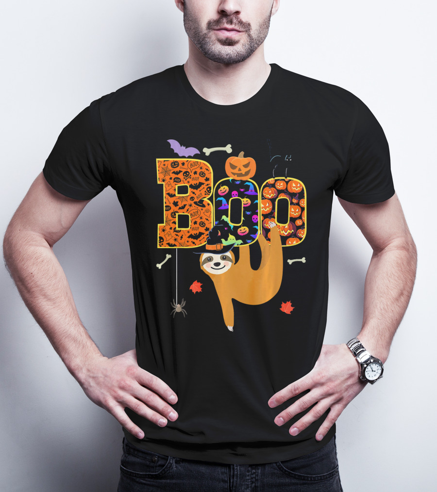 Boo Halloween Sloth With Witch Hat Pumpkins And Spider T-Shirt