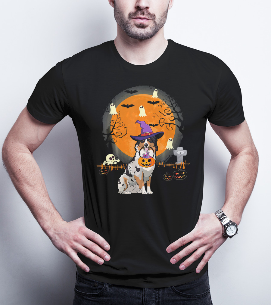Australian Shepherd Dog Halloween Witch Pumpkin And Ghosts T-Shirt