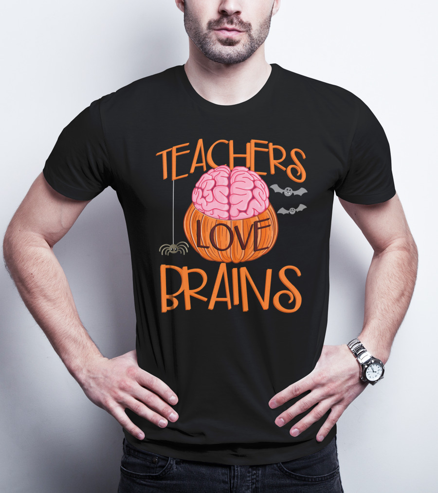Teachers Love Brains Halloween Pumpkin Bat Spider T-Shirt
