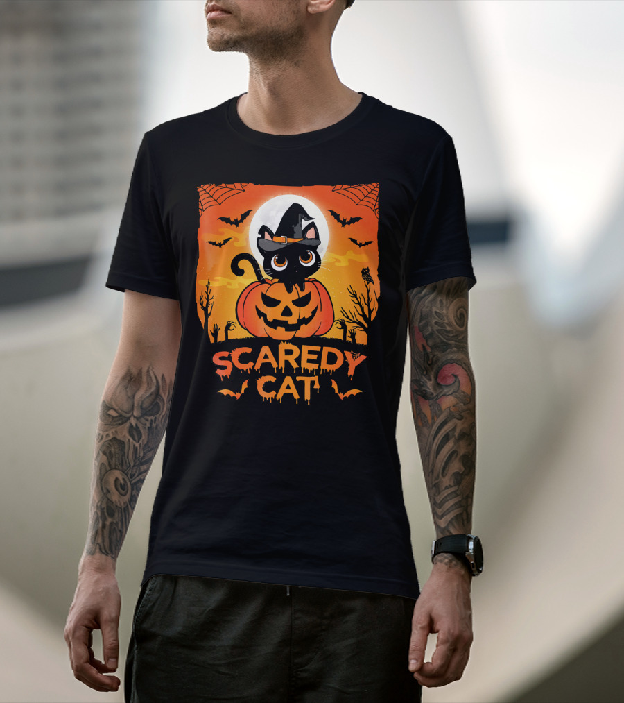 Scaredy Cat Halloween Kitten On Pumpkin With Witch Hat And Bats T-Shirt