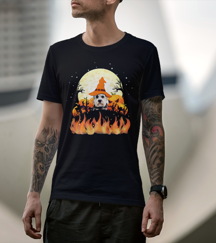 Halloween Dandie Dinmont Terrier Witch Dog Lovers Moon And Pumpkin Scene T-Shirt