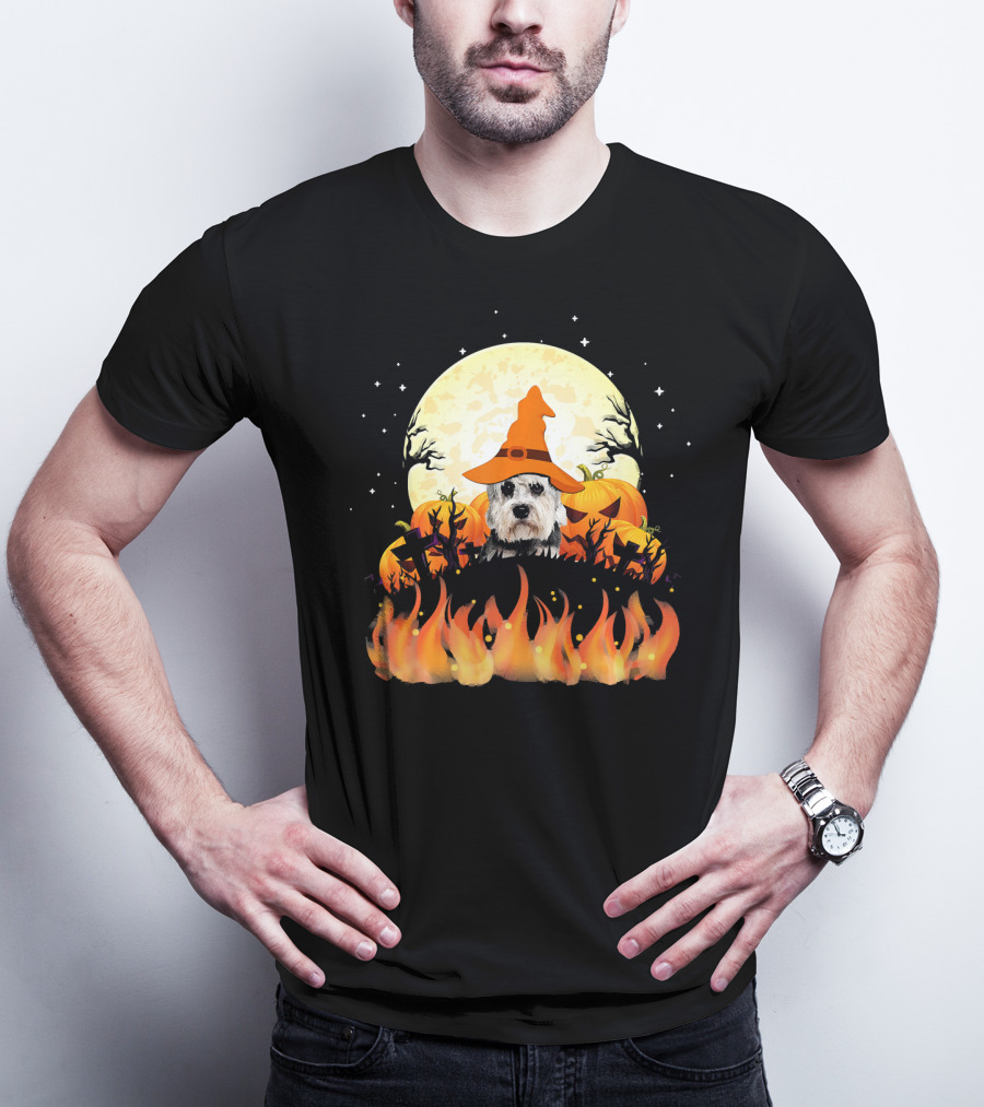 Halloween Dandie Dinmont Terrier Witch Dog Lovers Moon And Pumpkin Scene T-Shirt