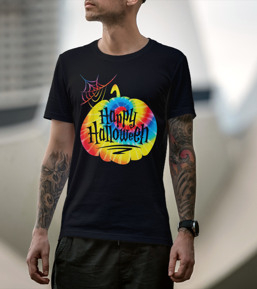 Tie Dye Pumpkin Happy Halloween Spiderweb T-Shirt