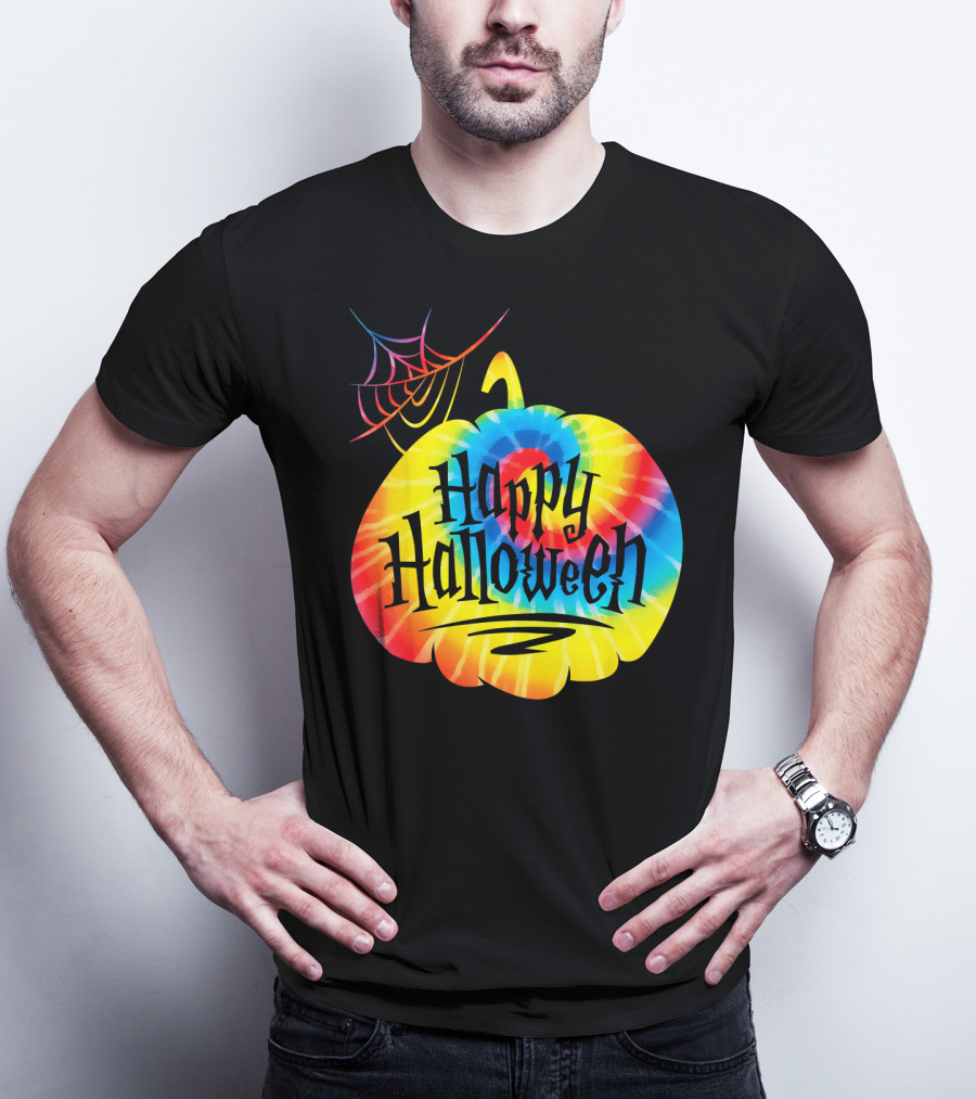 Tie Dye Pumpkin Happy Halloween Spiderweb T-Shirt