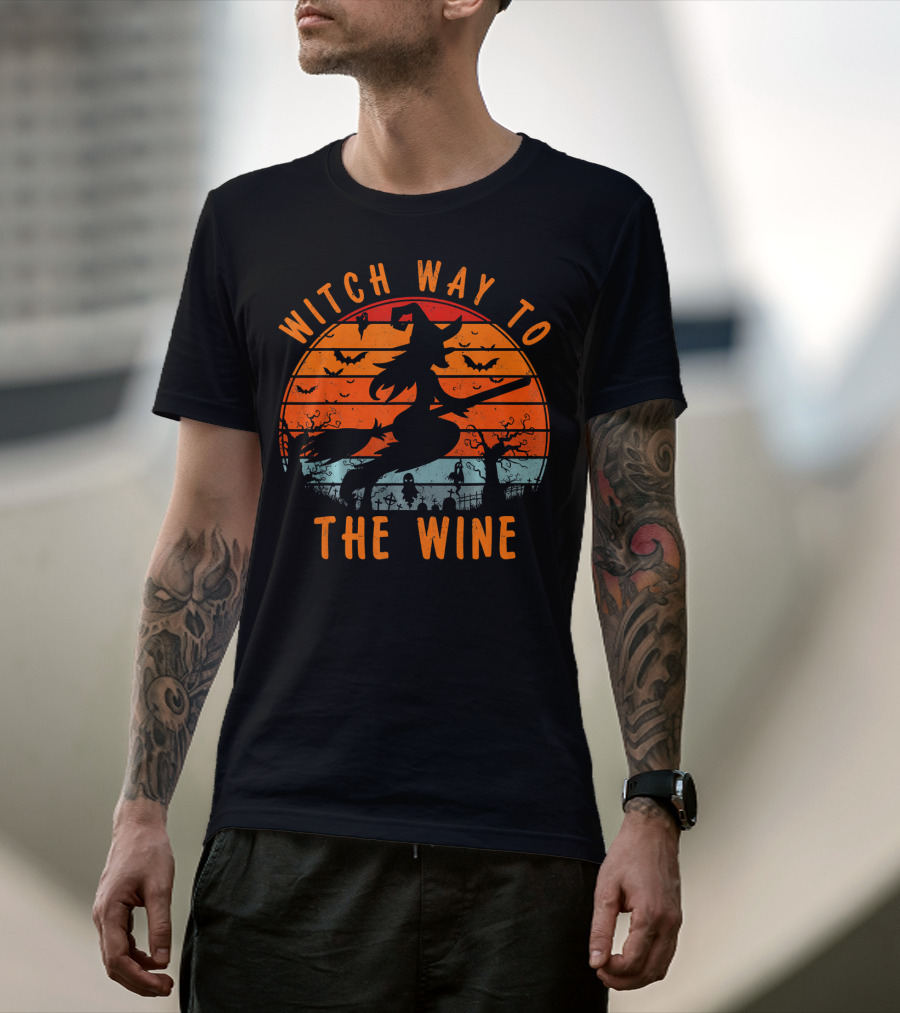 Witch Way To The Wine Halloween Spooky Bats Sunset T-Shirt