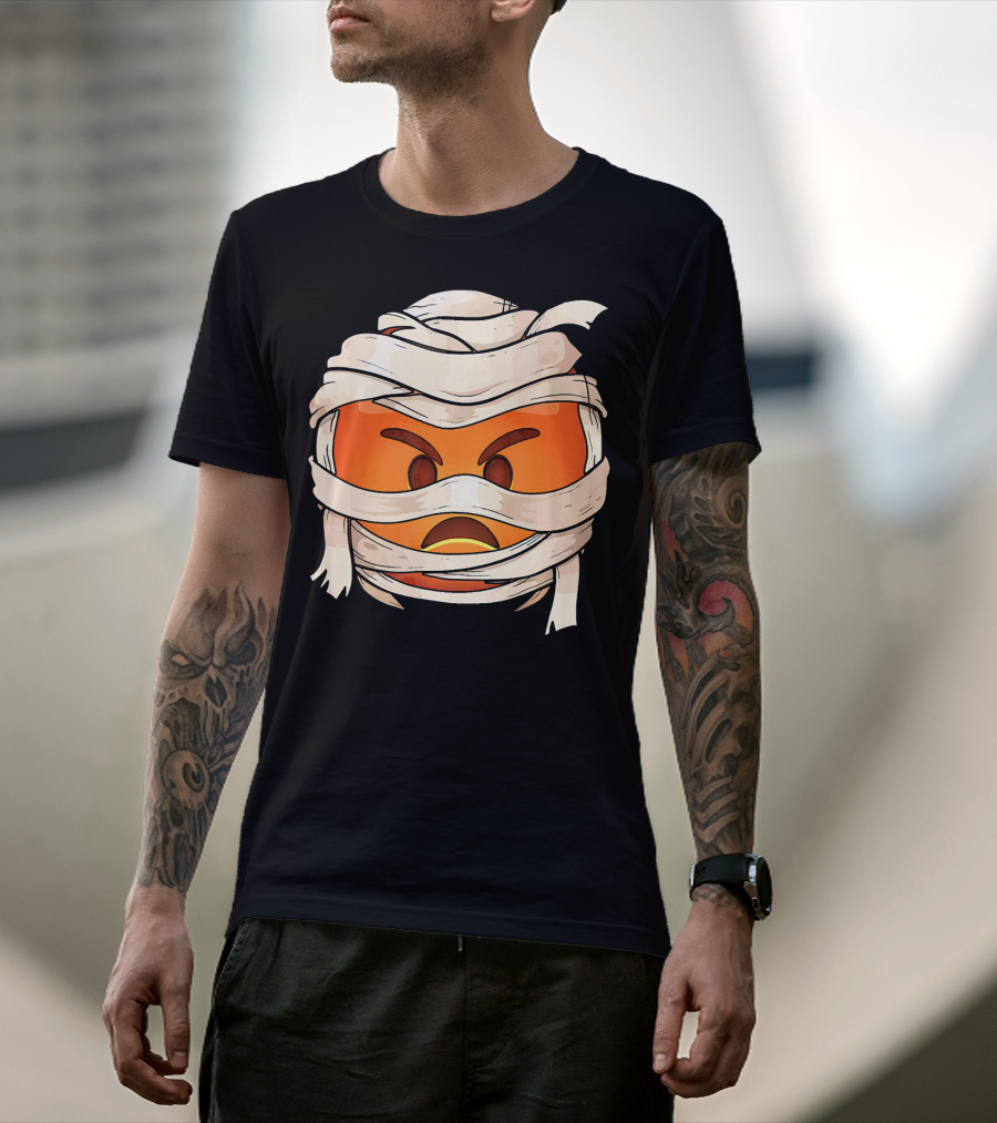 Pouting Face Mummy Emoji Halloween Wrapped In Bandages T-Shirt