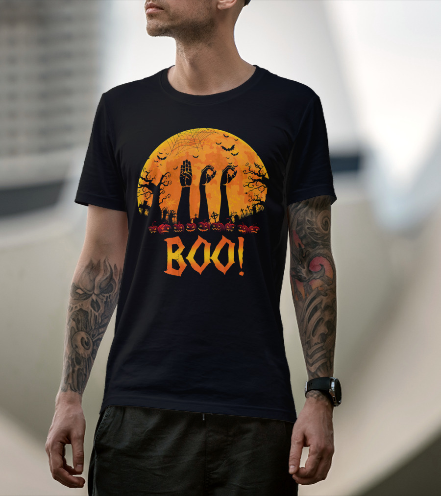 BOO ASL Sign Language With Zombie Hands And Spooky Halloween Moon T-Shirt