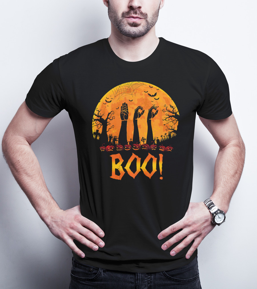 BOO ASL Sign Language With Zombie Hands And Spooky Halloween Moon T-Shirt