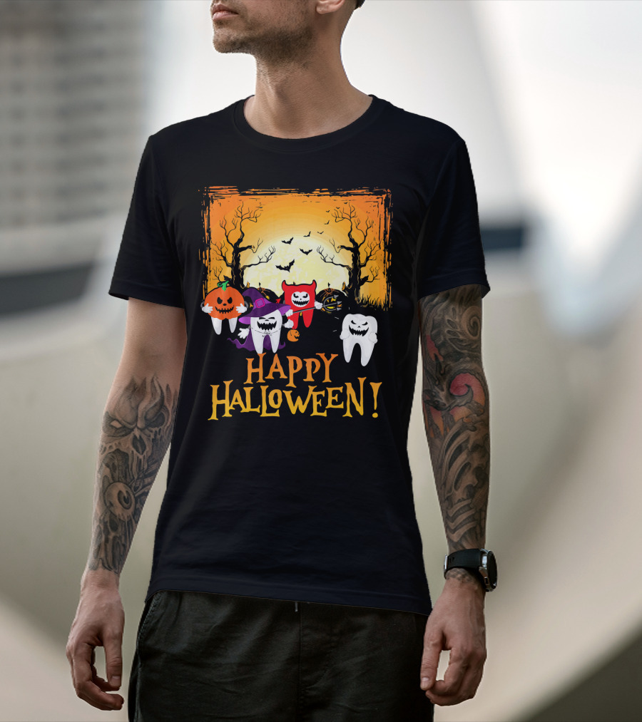 Happy Halloween Funny Teeth And Pumpkins T-Shirt