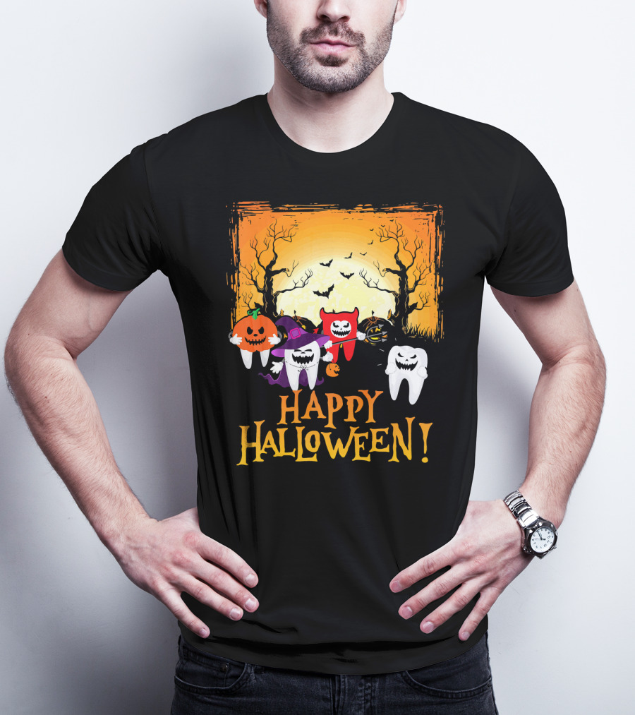 Happy Halloween Funny Teeth And Pumpkins T-Shirt