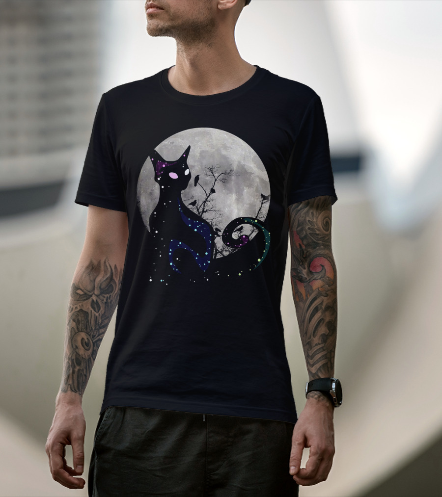 Halloween Cat Scary Black Cat Gothic Full Moon Night Sky T-Shirt