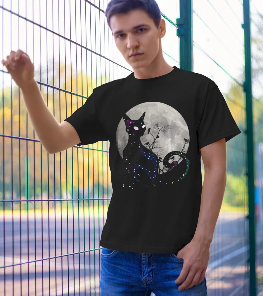 Halloween Cat Scary Black Cat Gothic Full Moon Night Sky T-Shirt