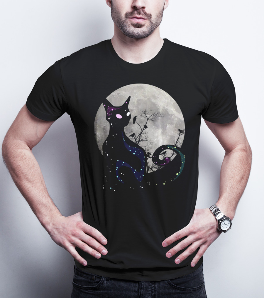 Halloween Cat Scary Black Cat Gothic Full Moon Night Sky T-Shirt