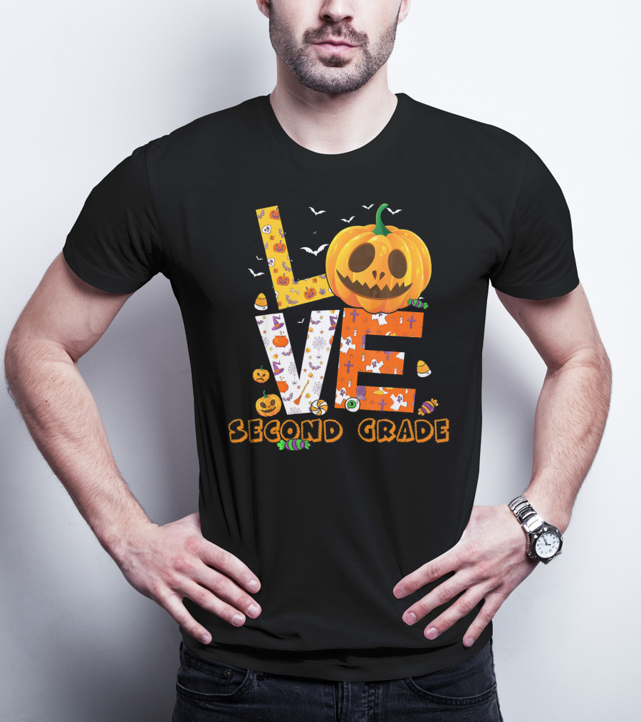 Love Second Grade Funny Halloween Pumpkin Kids T-Shirt