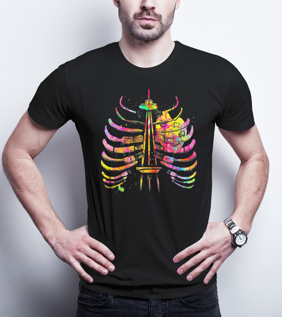 Colorful Seattle Space Needle Skeleton Ribcage Halloween T-Shirt