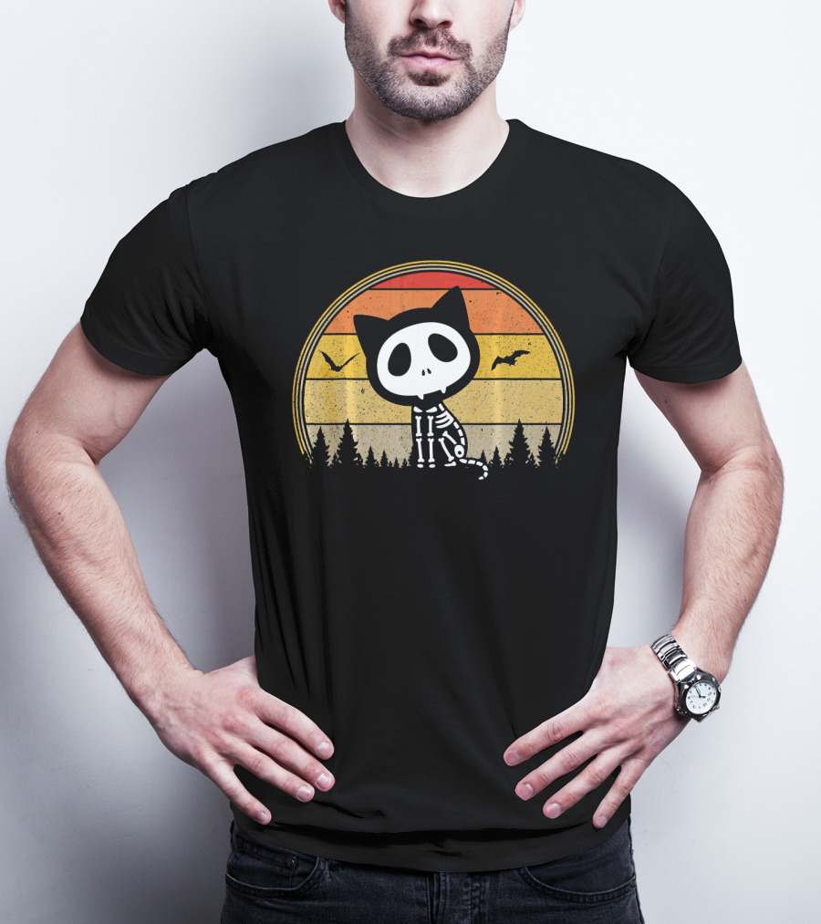 Cat Skeleton Spooky Vampire Halloween Vintage Sunset Forest Bats T-Shirt