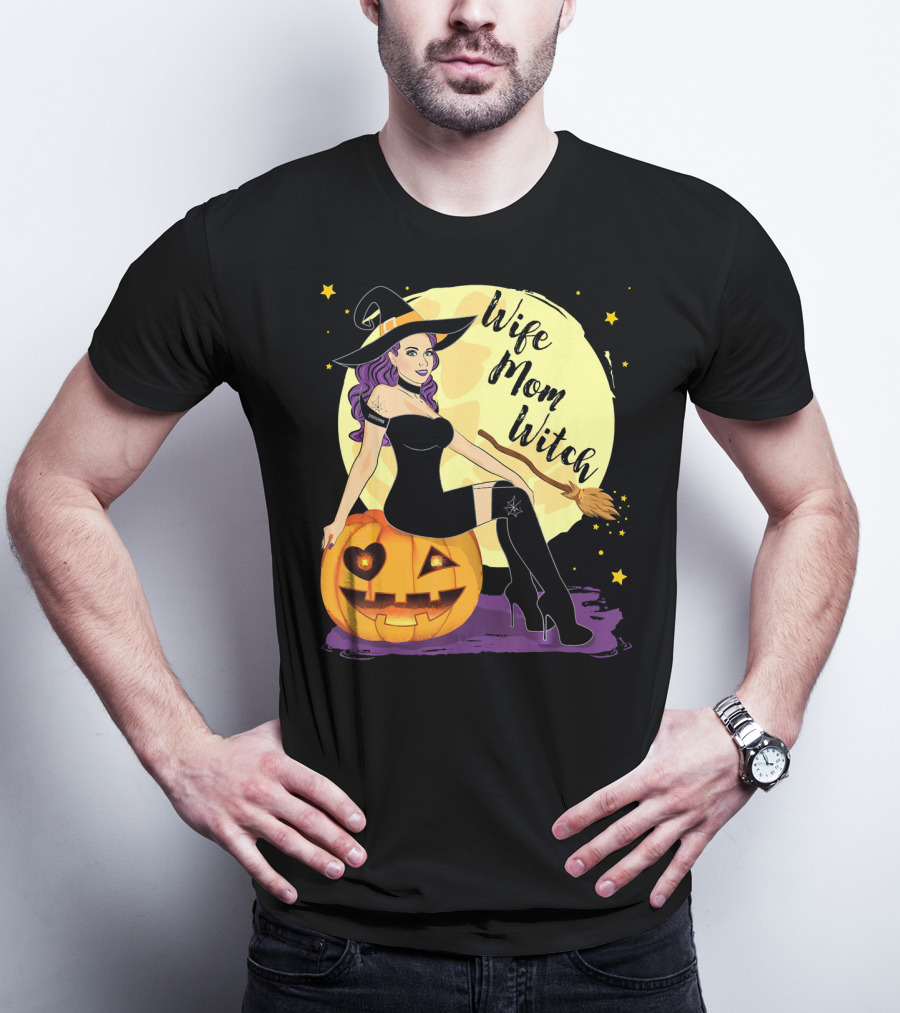 Wife Mom Witch Halloween Women Bro Pumpkin Moon Broomstick T-Shirt