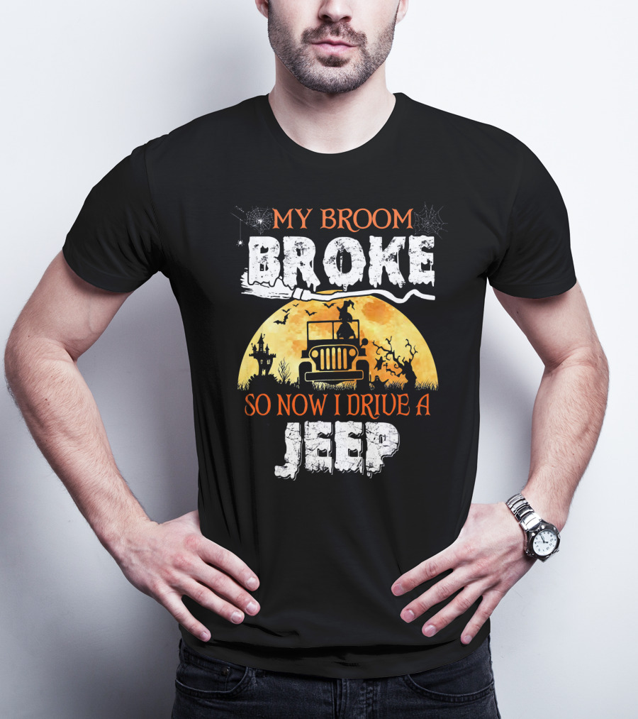 My Broom Broke So Now I Drive A Jeep Halloween Witch Silhouette Moon Background T-Shirt