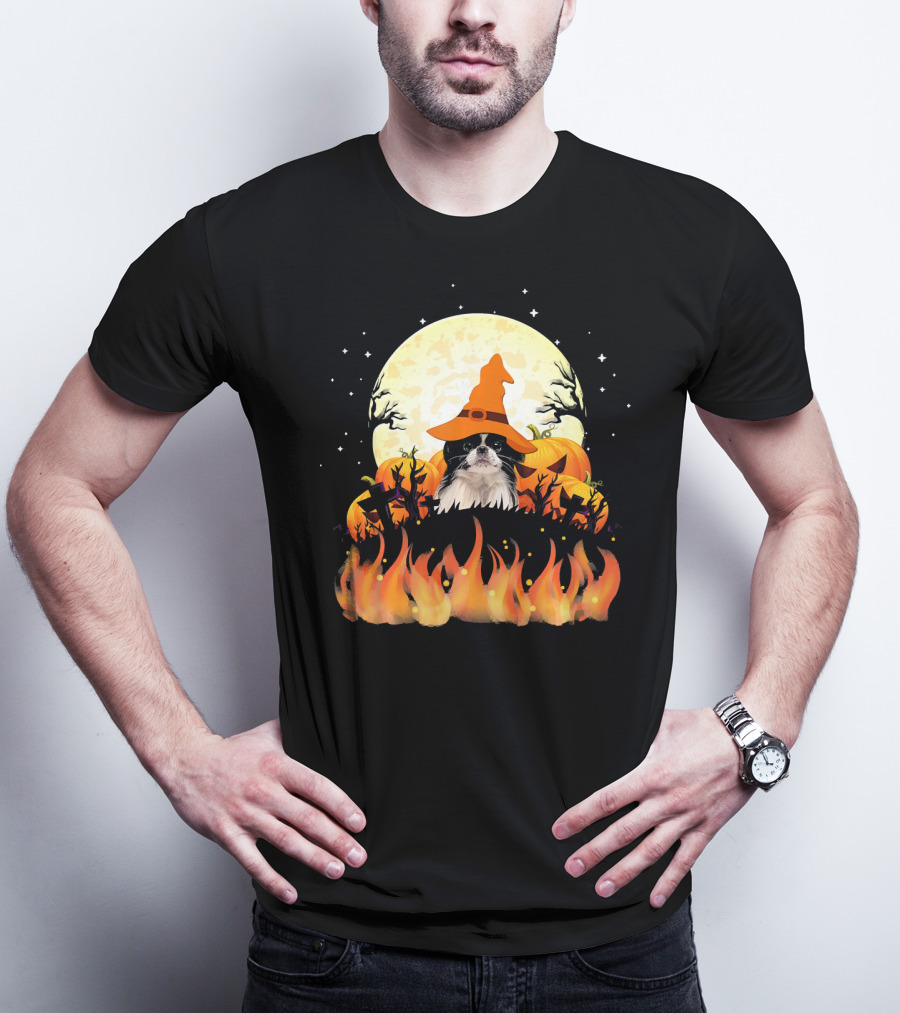 Japanese Chin Dog Lovers Halloween Pumpkin Witch Hat Full Moon Fire Magic T-Shirt