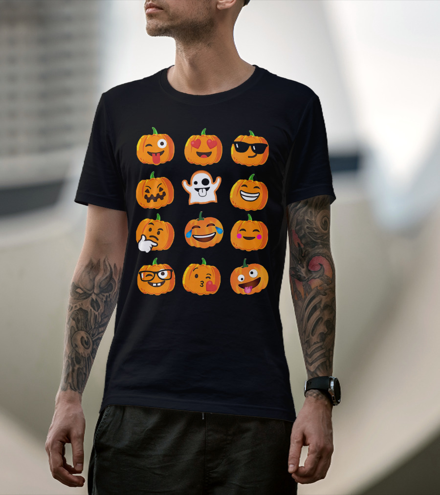Emoji Faces Pumpkins And Ghost Halloween T-Shirt