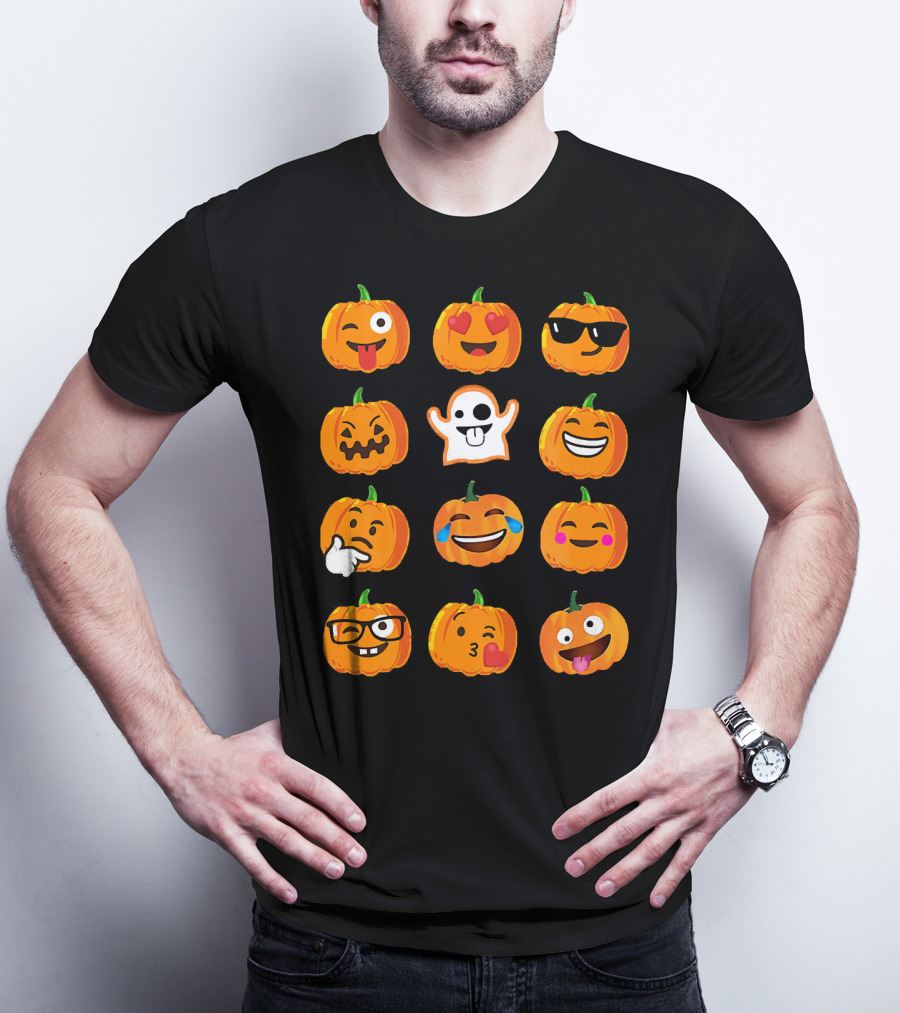 Emoji Faces Pumpkins And Ghost Halloween T-Shirt