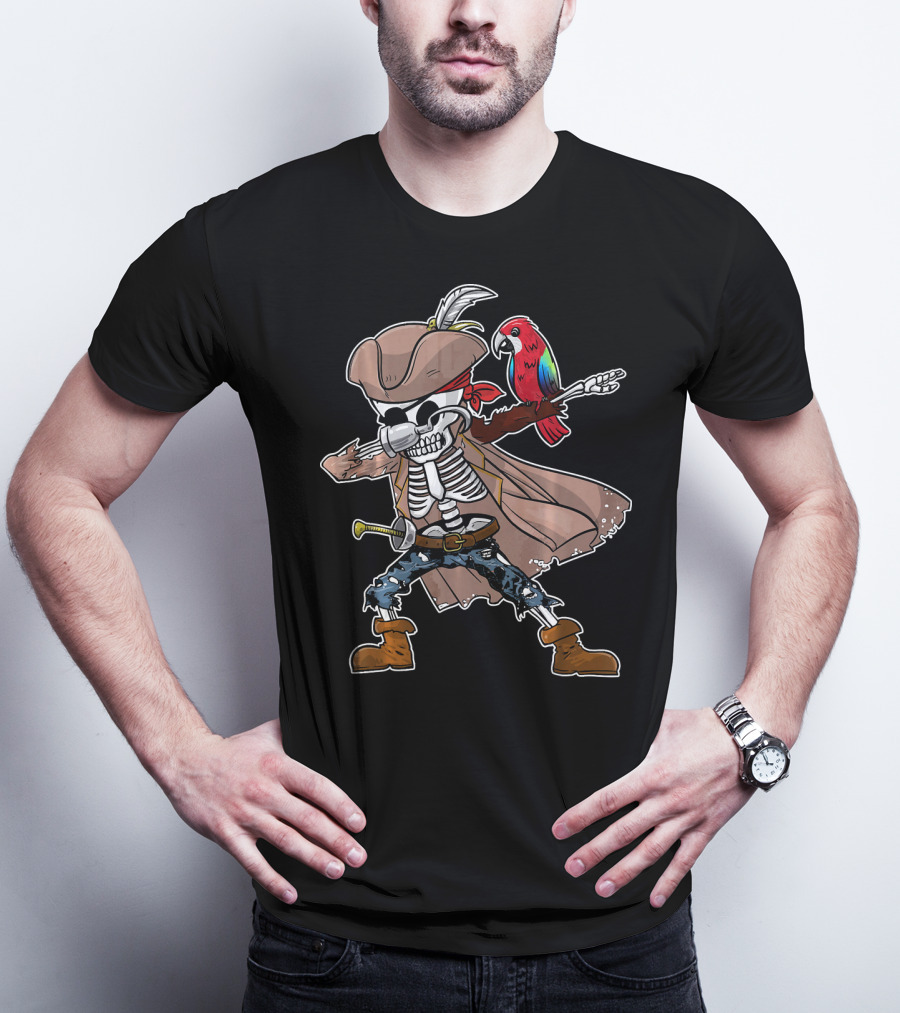 Skeleton Pirate Dabbing With Parrot And Sword T-Shirt
