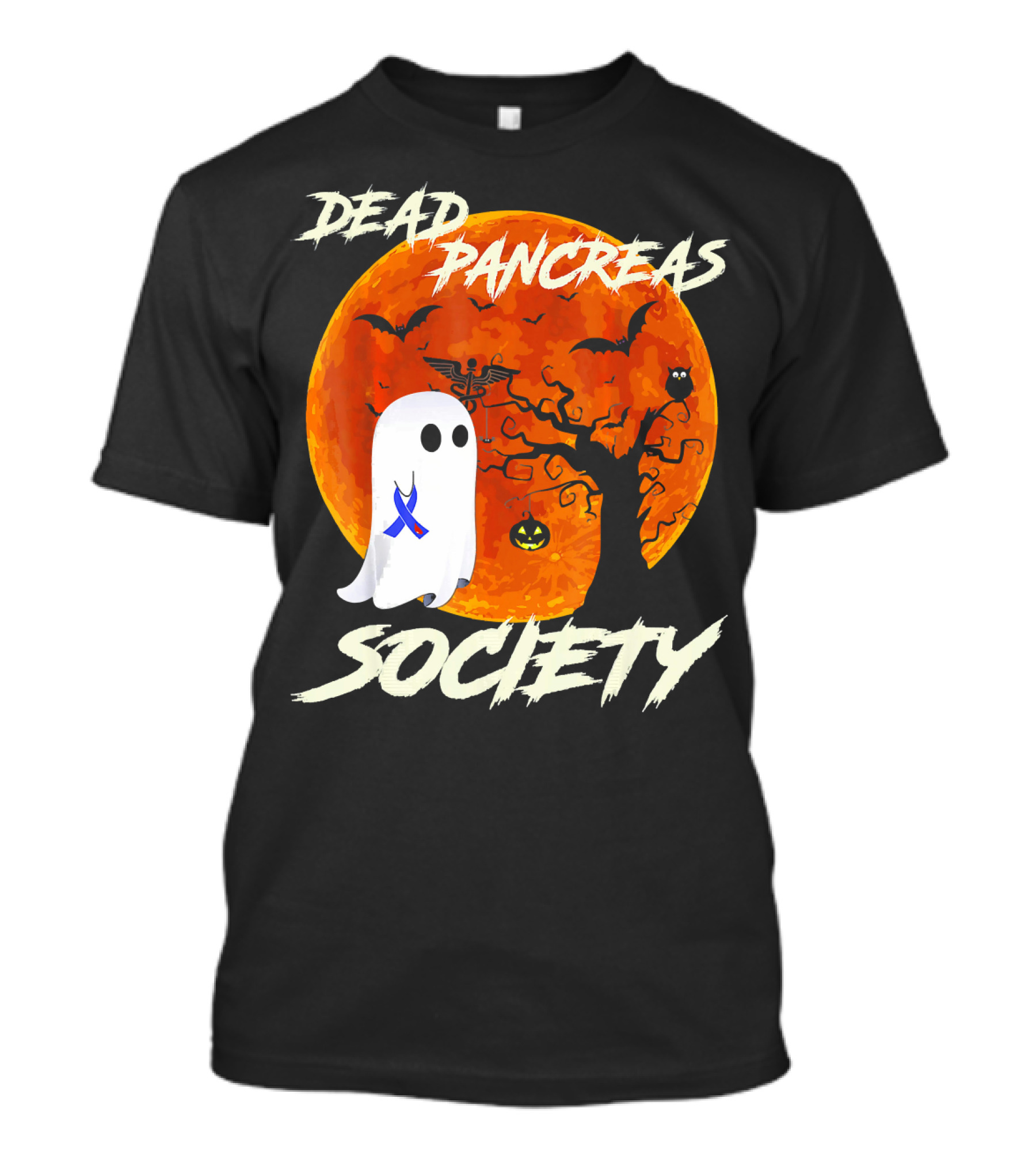 Dead Pancreas Society Ghost Halloween Moon Bats Pumpkin T-Shirt